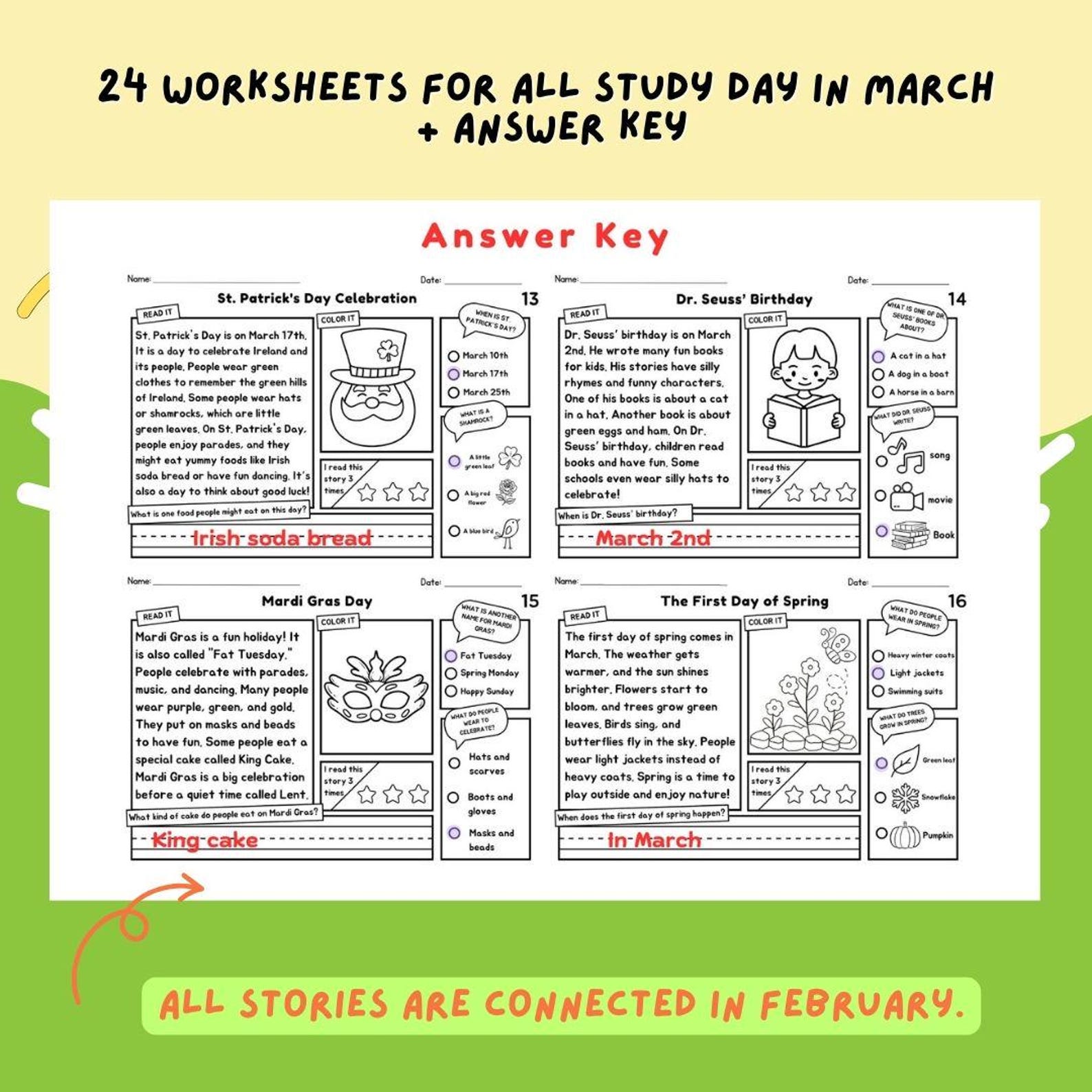 March Reading Comprehension Passages for Kindergarten & 1st Grade, St ...