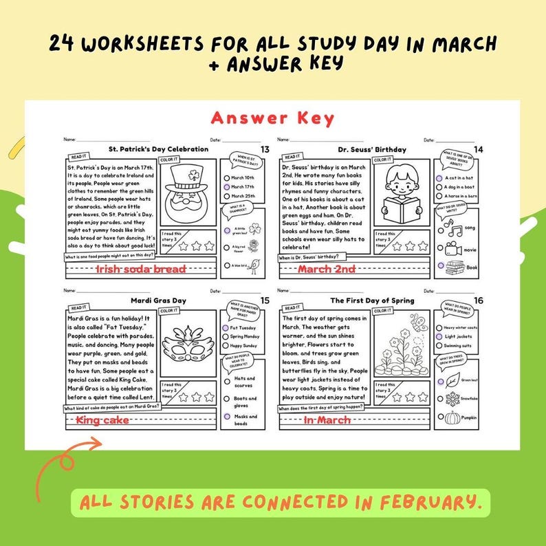 March Reading Comprehension Passages for Kindergarten & 1st Grade, St ...