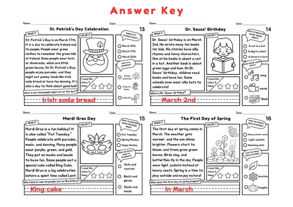 March Reading Comprehension Passages for Kindergarten & 1st Grade, St ...