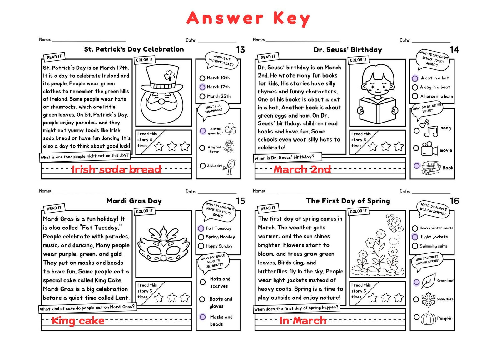March Reading Comprehension Passages for Kindergarten & 1st Grade, St ...