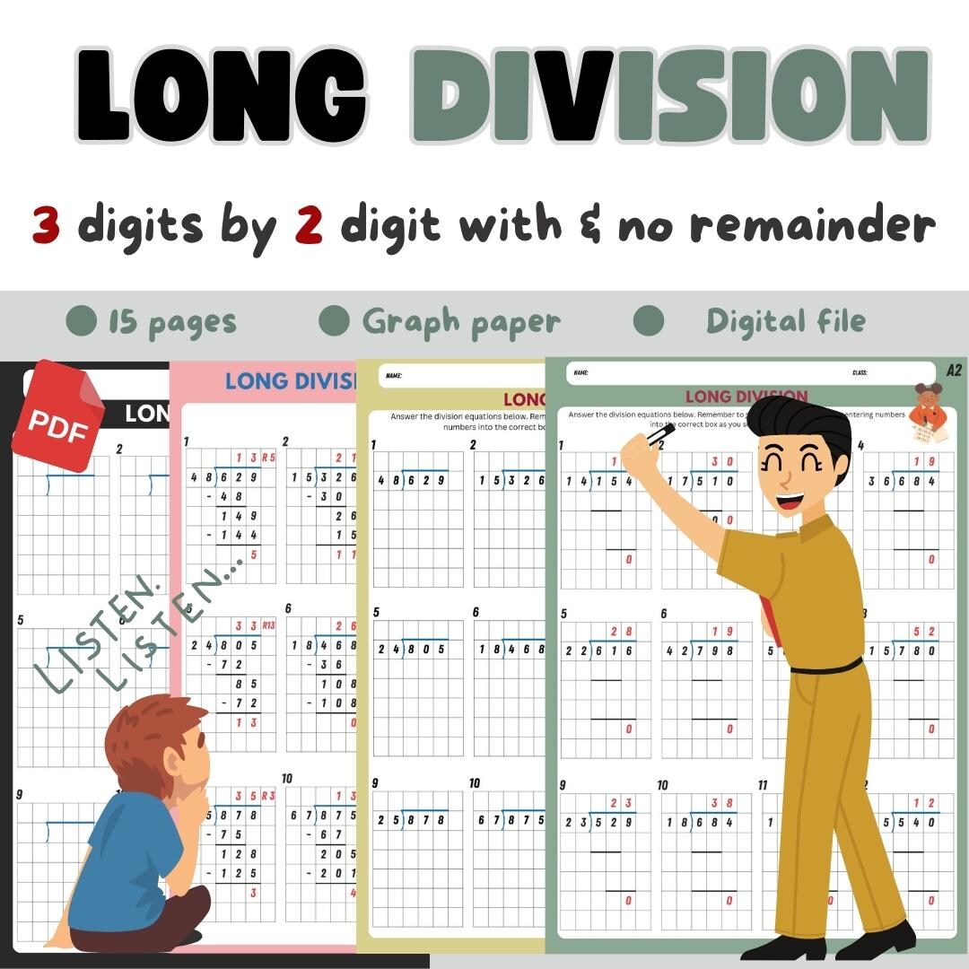 Long Division Worksheet 3-digit by 2-digit With & No Remainders With ...