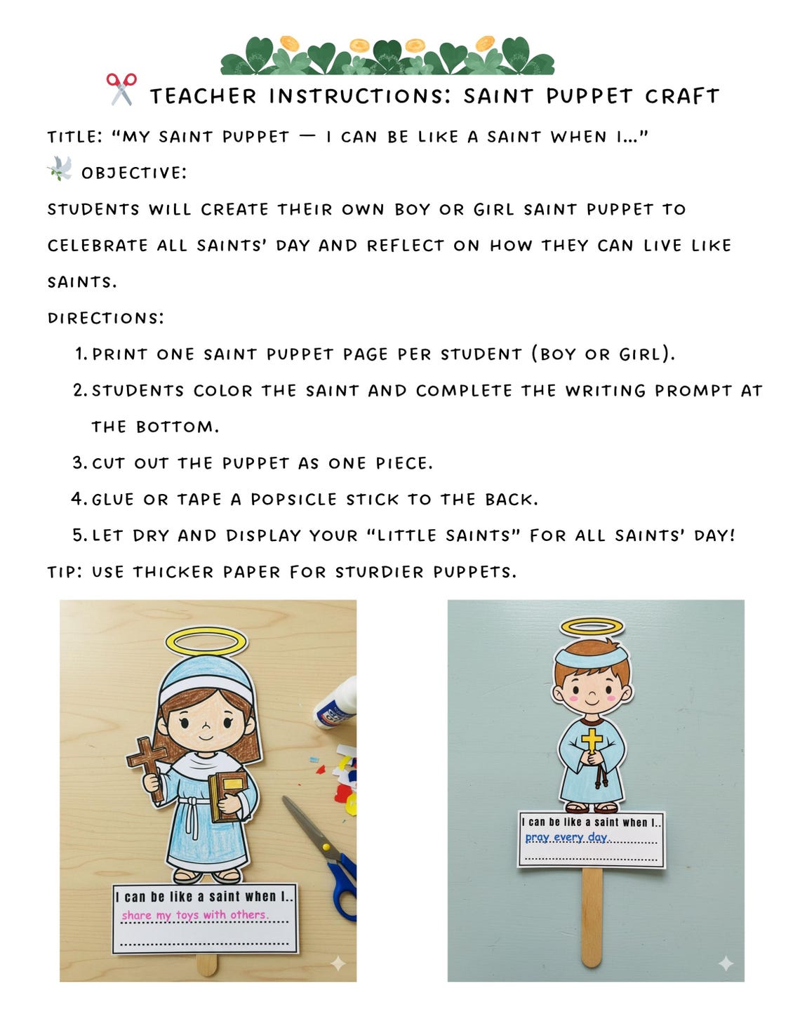 All Saints' Day Puppet Craft: Catholic Kids Activity (digital Download ...