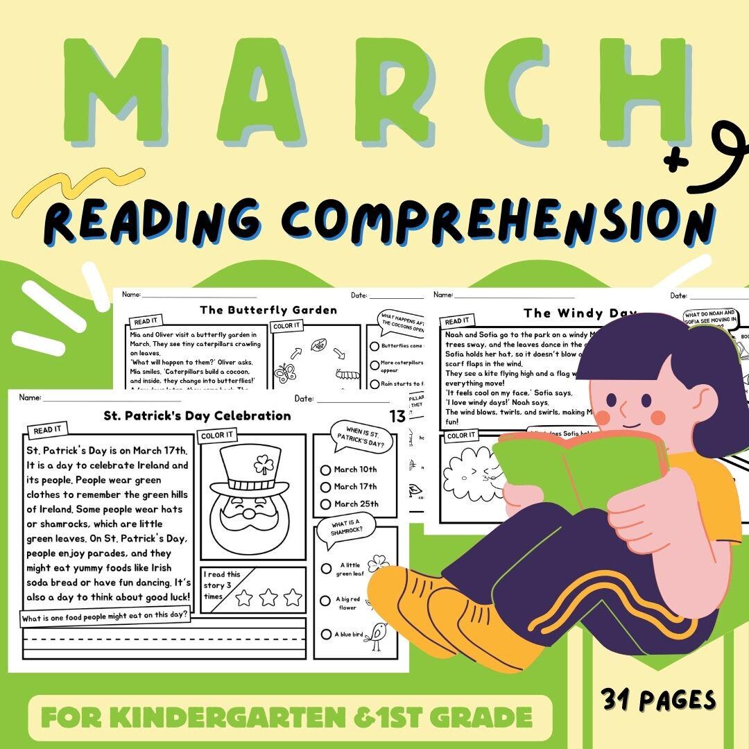 March Reading Comprehension Passages for Kindergarten & 1st Grade, St ...