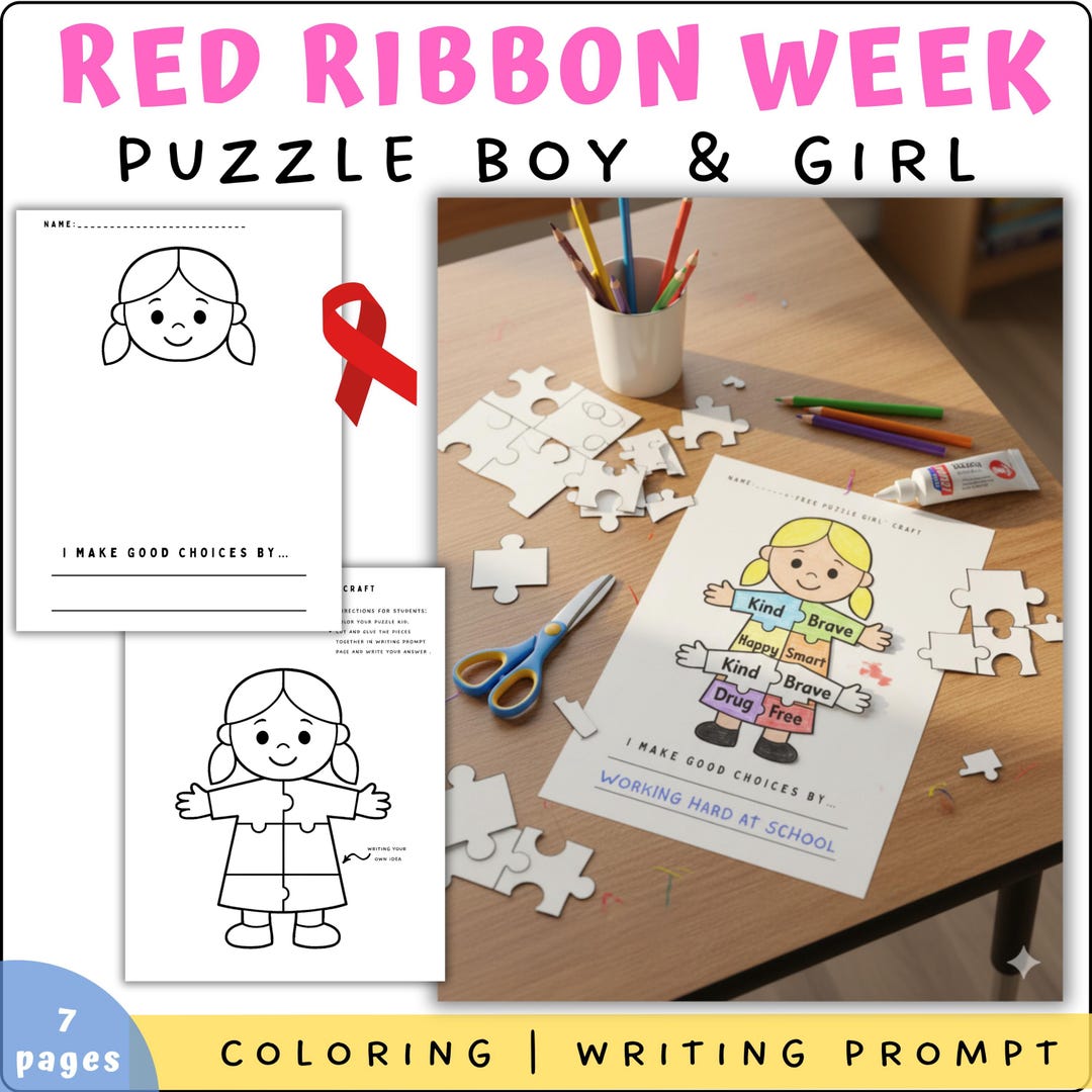 Drug-free Puzzle Kid Craft — Red Ribbon Week Coloring Template (boy ...