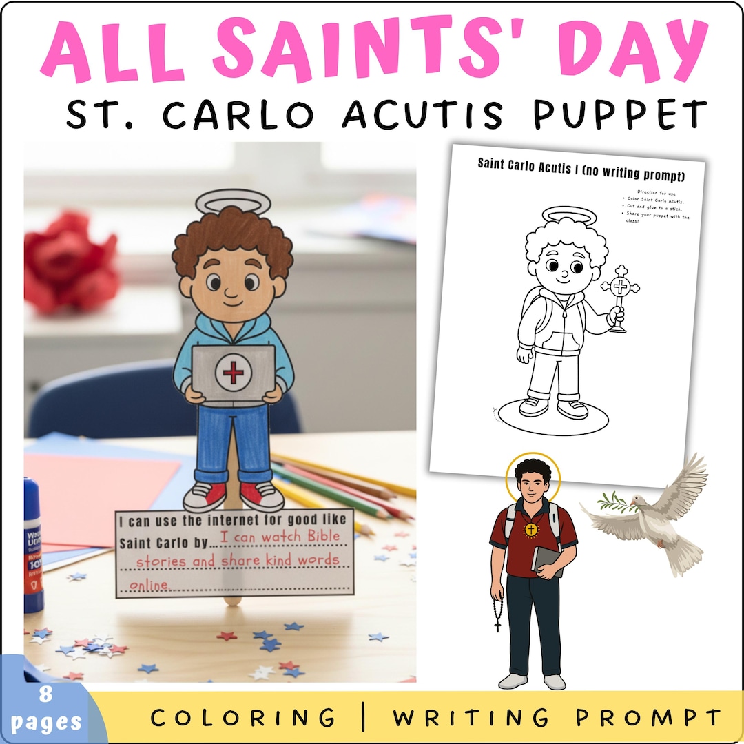 Saint Carlo Acutis Puppet Craft: Catholic Coloring & Writing (digital ...