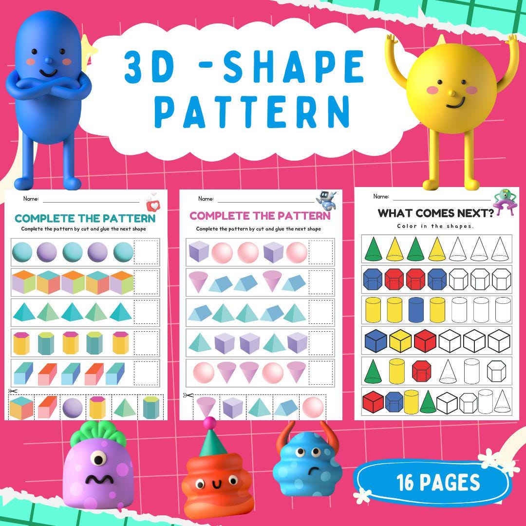 Math 3D Shape Pattern Sequence Worksheets for Prek & Kindergarten, 3 ...