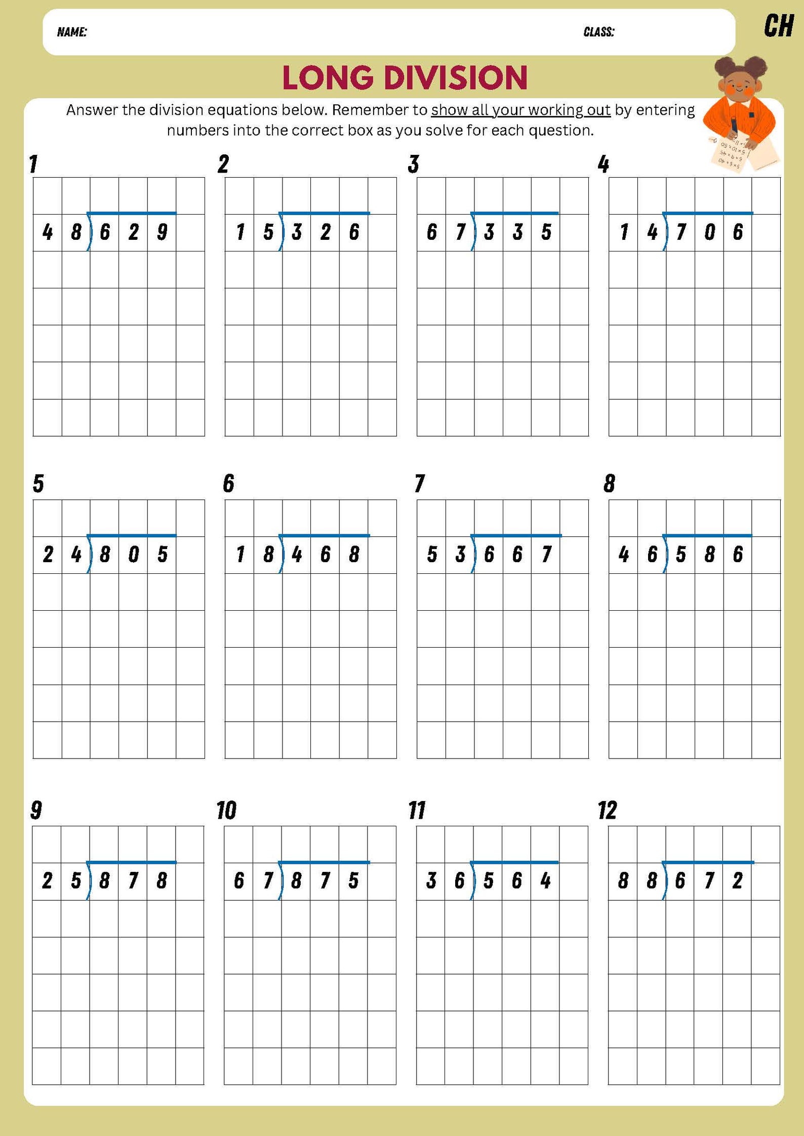 Long Division Worksheet: 3-digit by 2-digit, Graph Paper (digital ...