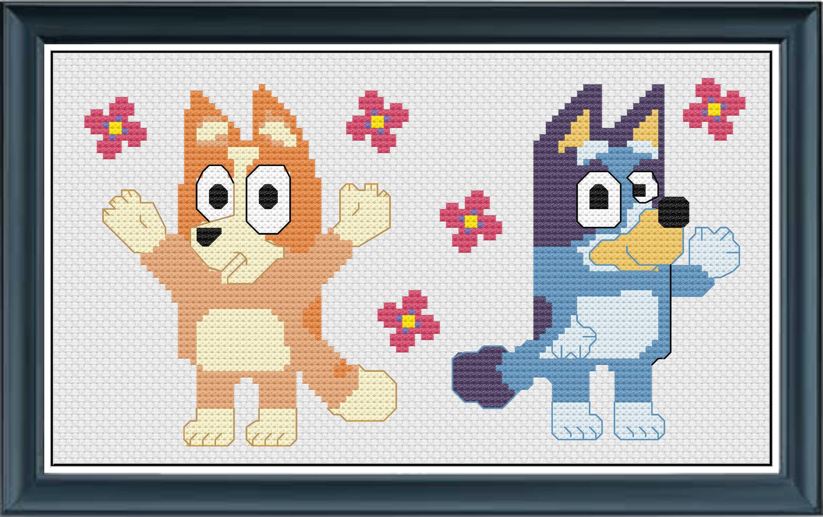 Bingo and Bluey Cross Stitch Pattern - Kids Cartoon Dogs, Flowers (PDF ...