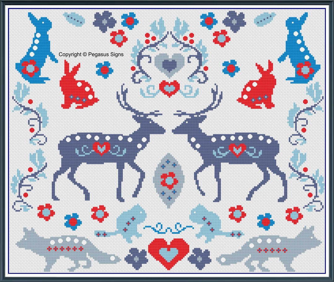 Scandi Animals Cross Stitch Pattern: Folk Rabbits, Stag, Fox (PDF/JPEG ...
