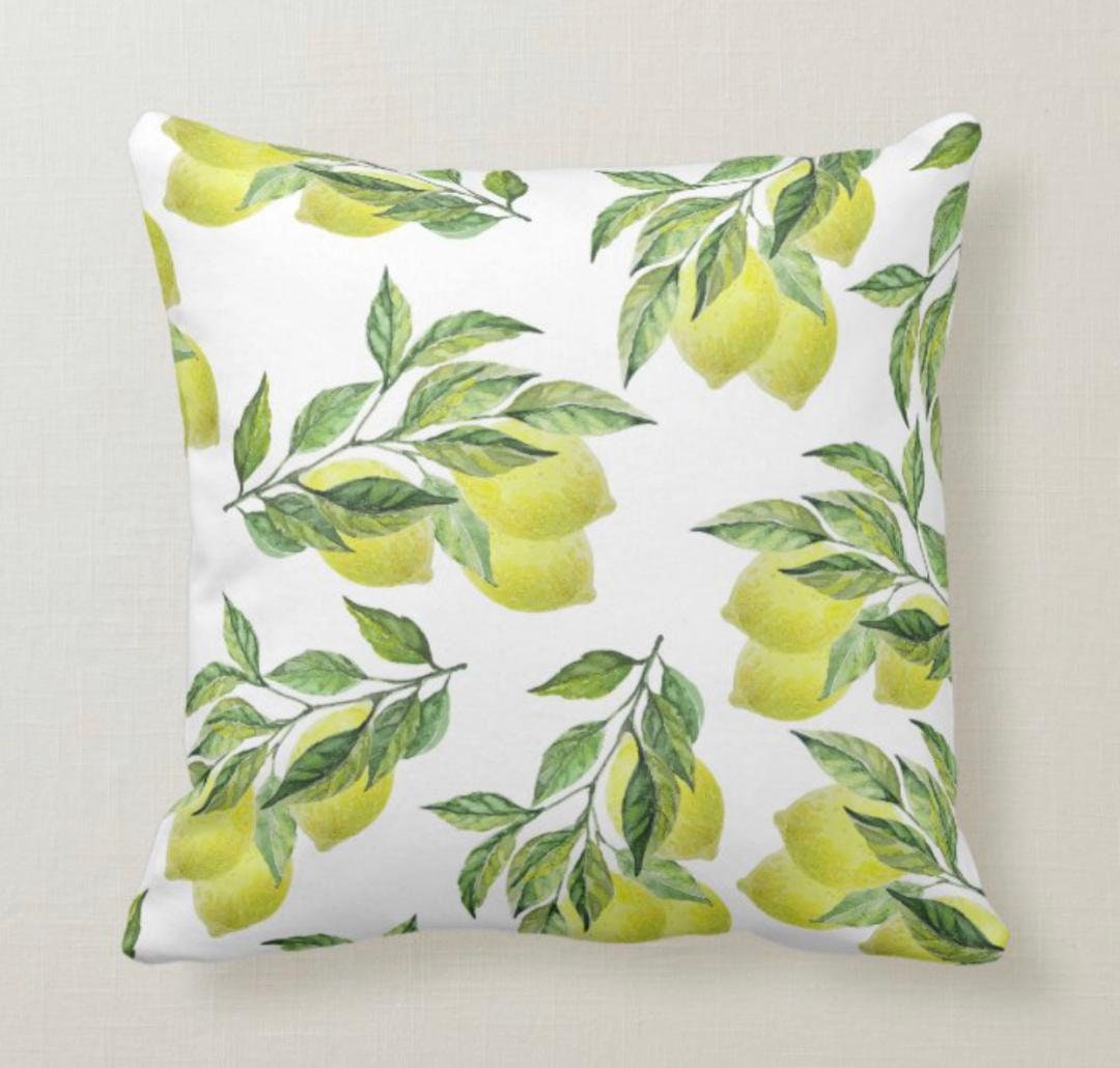 Lemon Throw Pillow, Yellow Lemon Bouquets and Leaves, Lemon Pattern ...