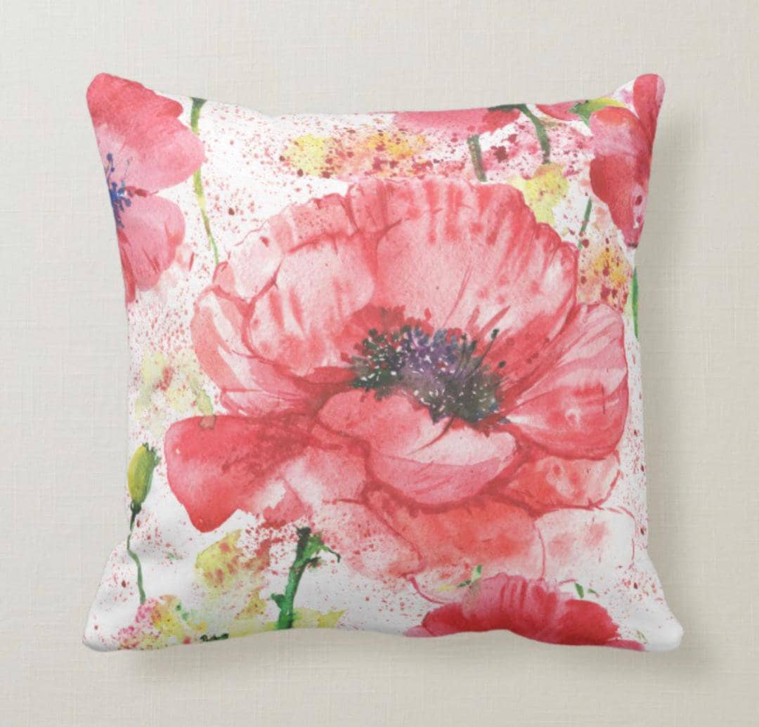 Throw Pillow, Watercolor, Red Poppy, Floral, Poppy Garden