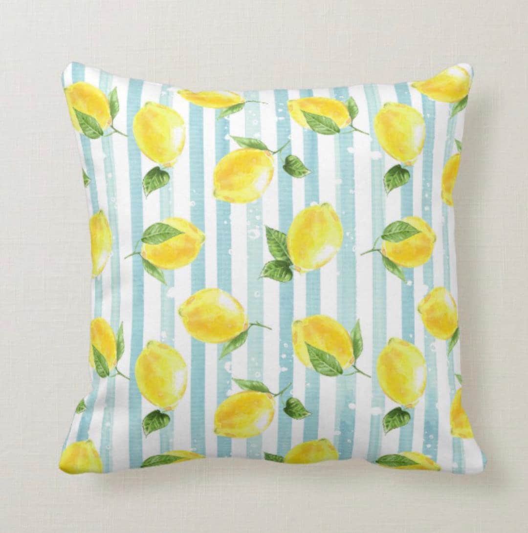 Throw Pillow, Yellow Lemon Pattern, Light Blue Stripe, Summer Lemon ...