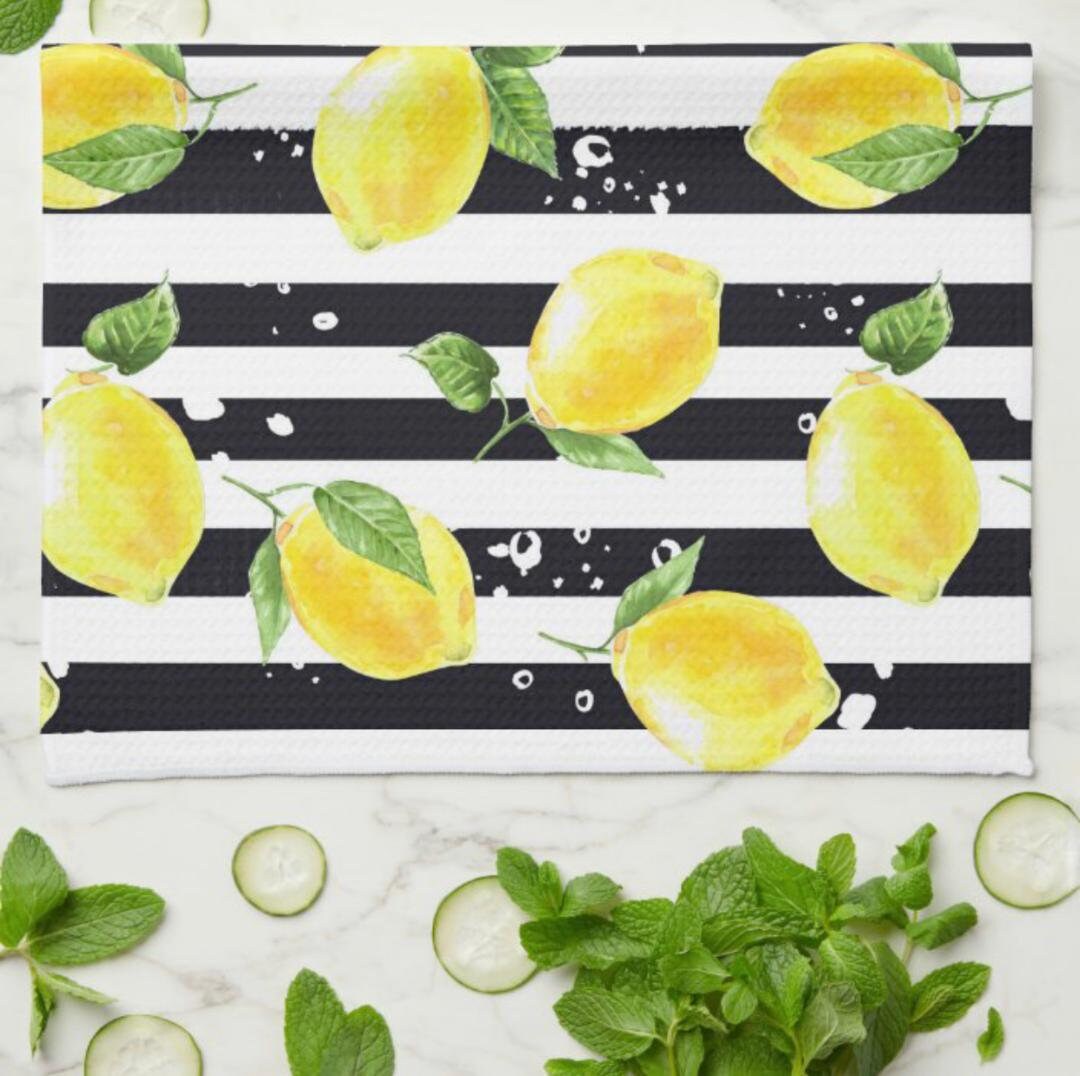 Lemon Kitchen Towel, Lemon and Stripe, Yellow Lemons with Black and ...