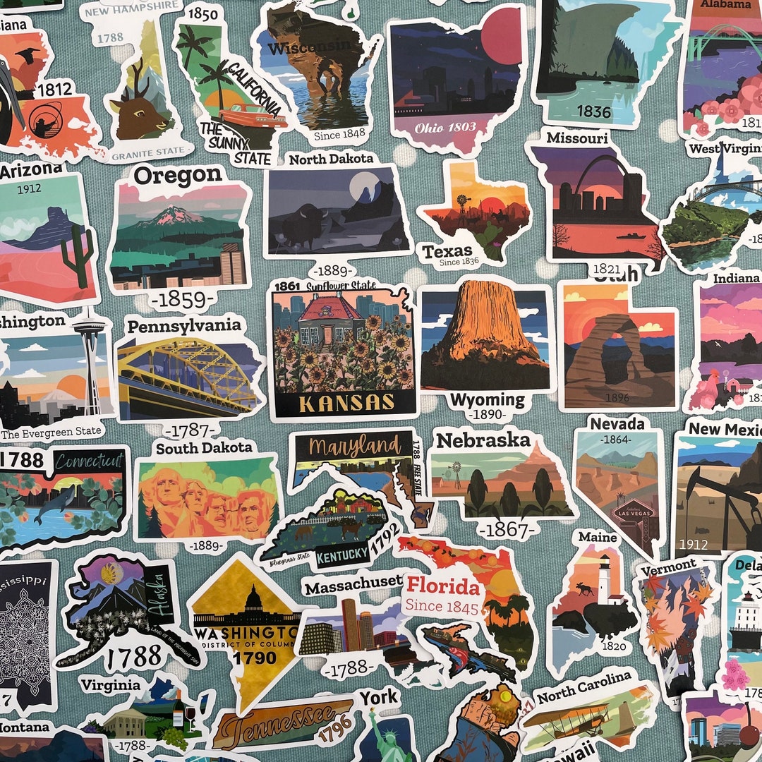States of the USA. Map of American State Stickers Pack of 50 - Etsy