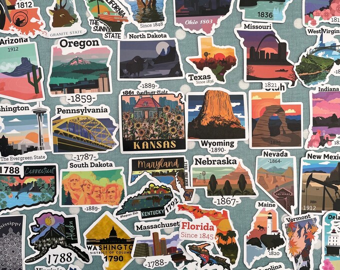 States of the USA. Map of American State Stickers Pack of 50 - Etsy