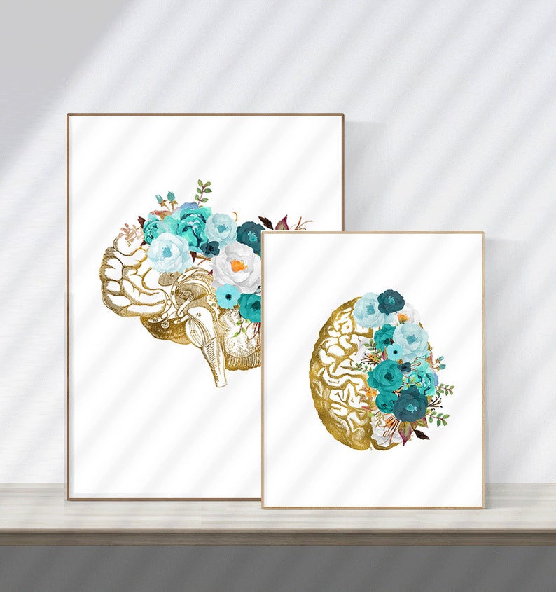 Brain Wall Art, Teal Blue Anatomy Art, Therapist Art Print, Therapy ...