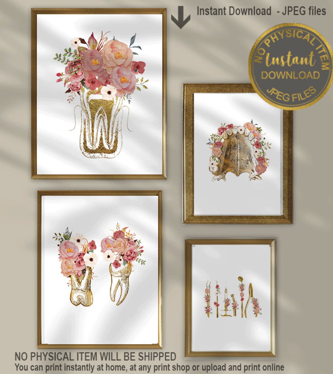 Floral Dental Art Set, Dental Instruments Print, Tooth Anatomy Art ...