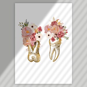 Floral Dental Art Set, Dental Instruments Print, Tooth Anatomy Art ...