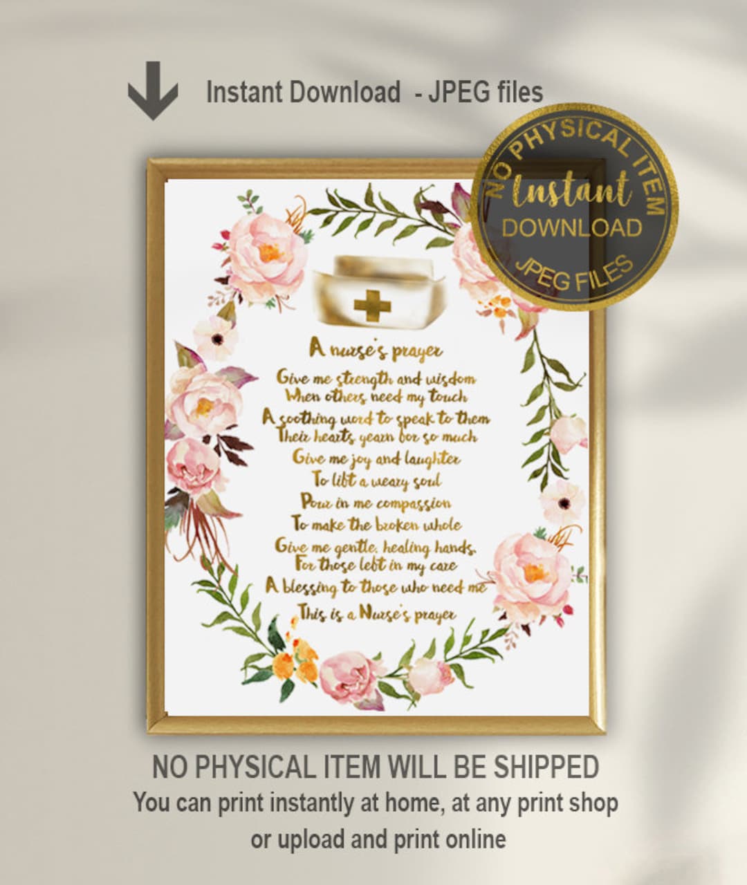 Nurse Prayer Printable Art, Nurse Appreciation Gift, Floral Wreath Wall ...