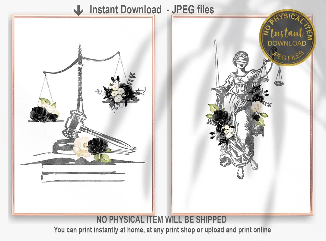 Lawyer Art Printable Lady of Justice and Scales Wall Art Set, Legal ...