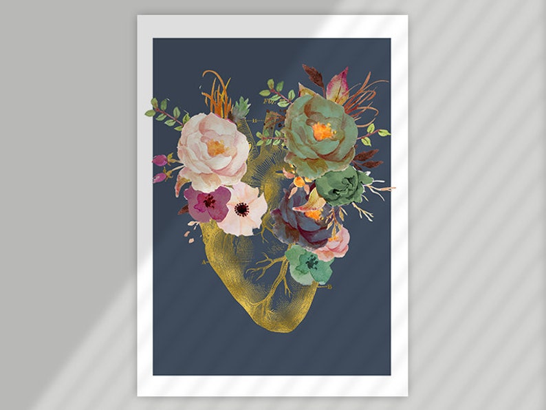 Heart Print Anatomy Art Navy Blue Science Art Doctor | Etsy