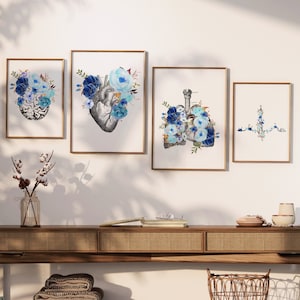 Doctor Medical Art Set, Blue Anatomy Prints, Heart Brain Lungs EKG ...