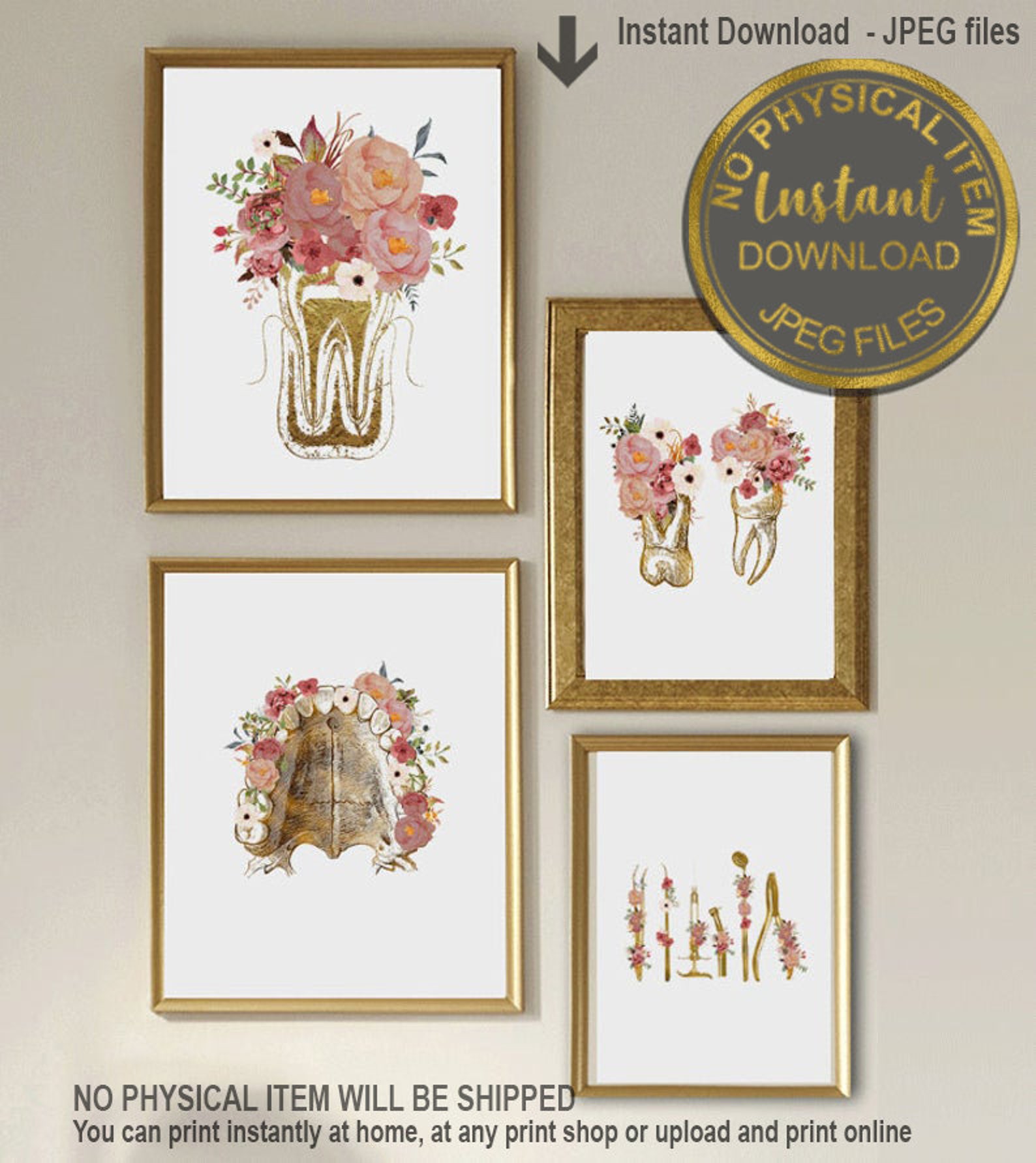 Floral Dental Art Set Dental Instruments Print Tooth Anatomy | Etsy