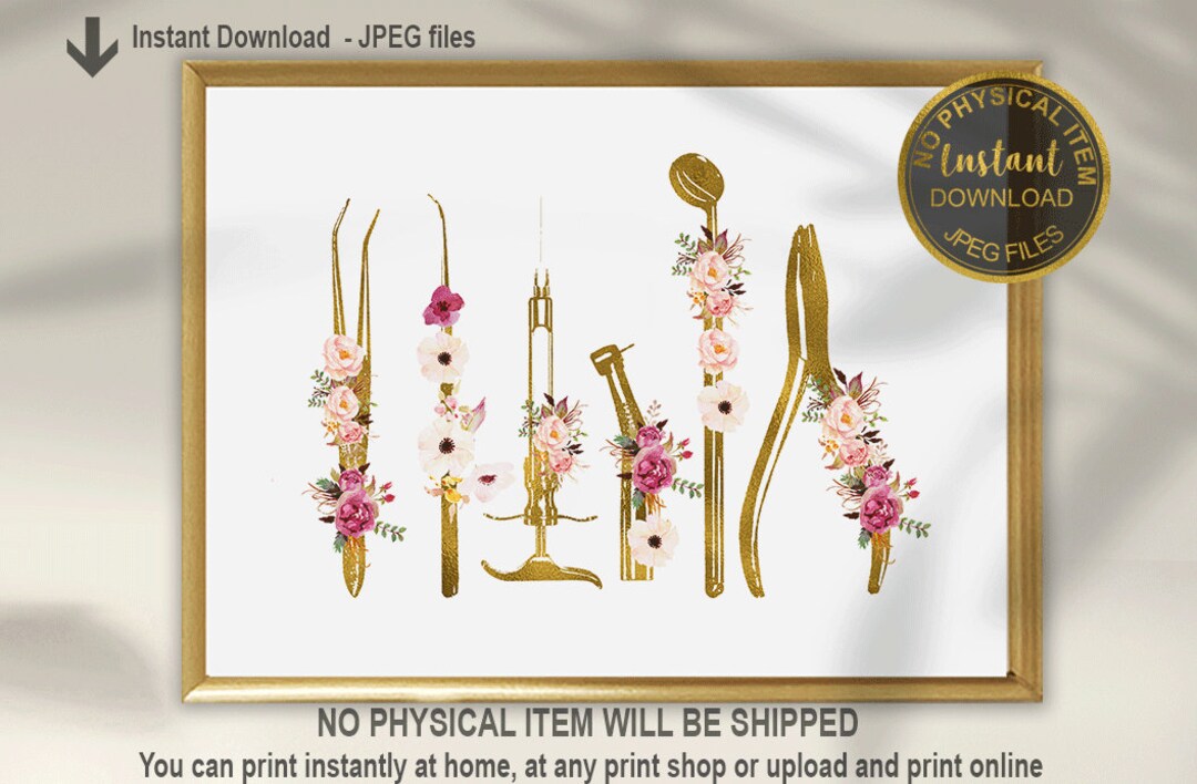 Dental Instruments Wall Art Printable, Dentist Tools Floral Print ...