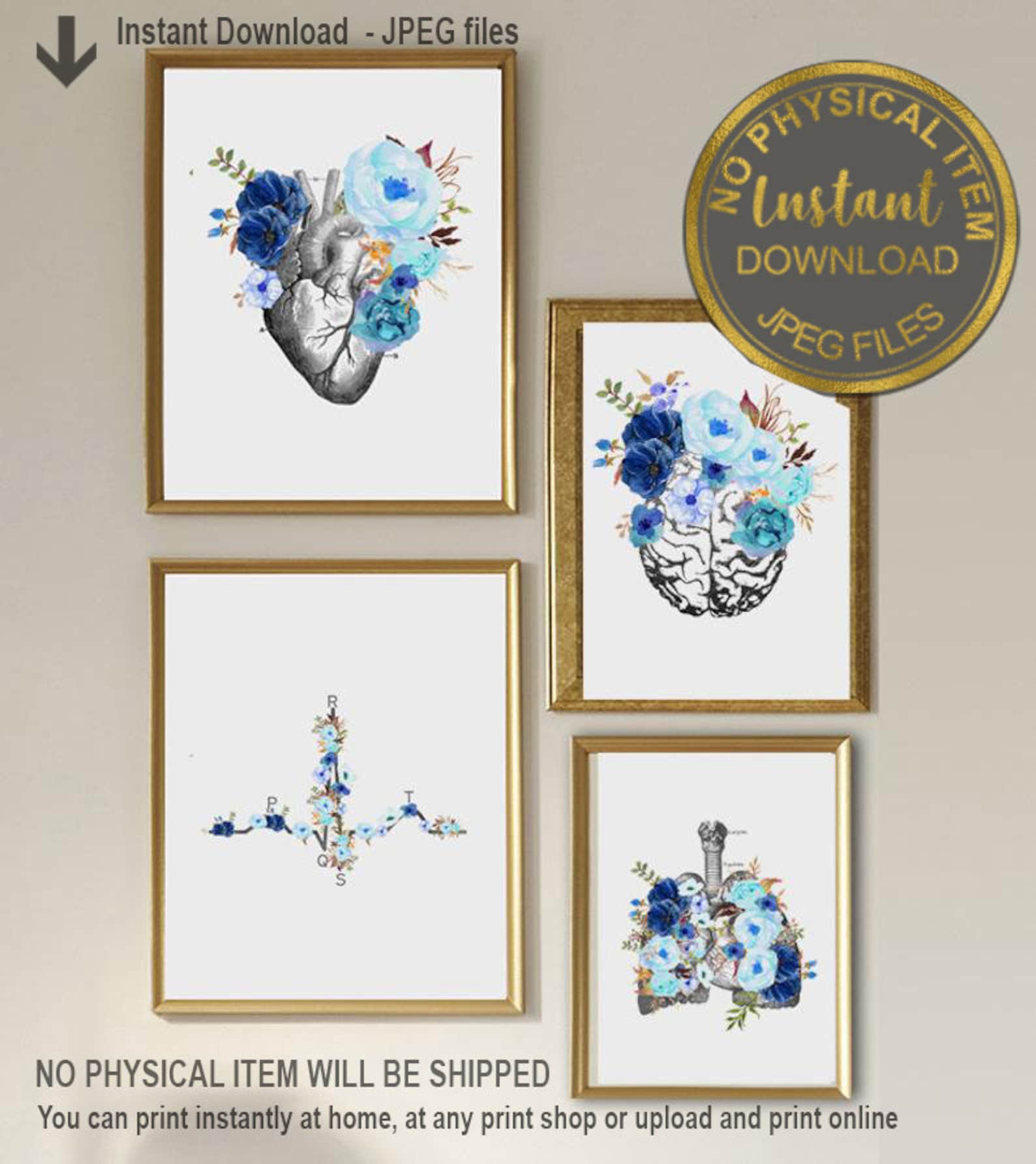 Doctor Medical Art Set, Blue Anatomy Prints, Heart Brain Lungs EKG ...