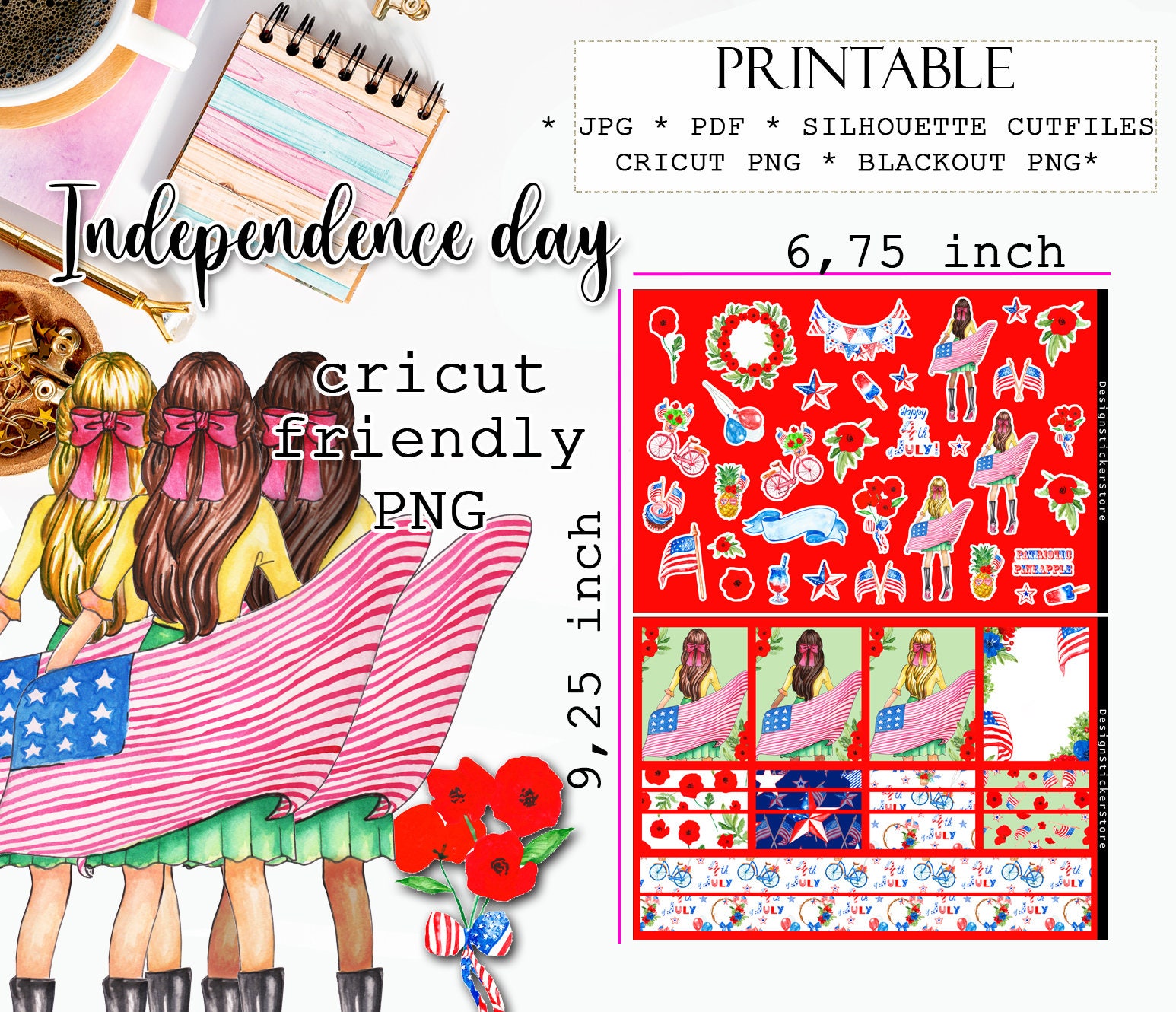 INDEPENDENCE DAY printable planner stickers/July 4 printable | Etsy