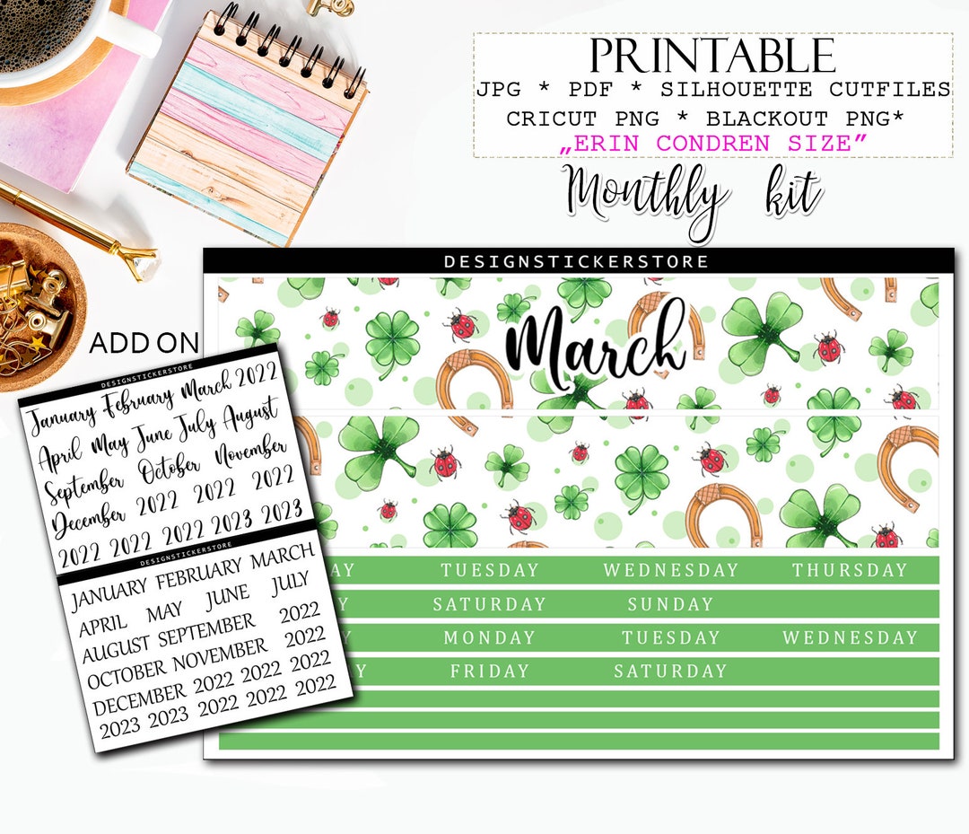 Monthly Kit Stickers/march Printable Monthly Kit/st Patrick's Monthly ...