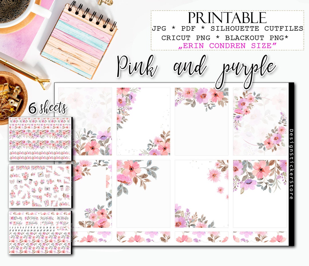 PINK and PURPLE Flower Deco Kit/printable Planner Stickers/floral ...