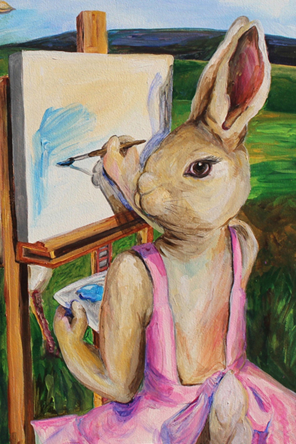 Painting of a Bunny Artist in a Field With Turkeys Acrylic on - Etsy ...