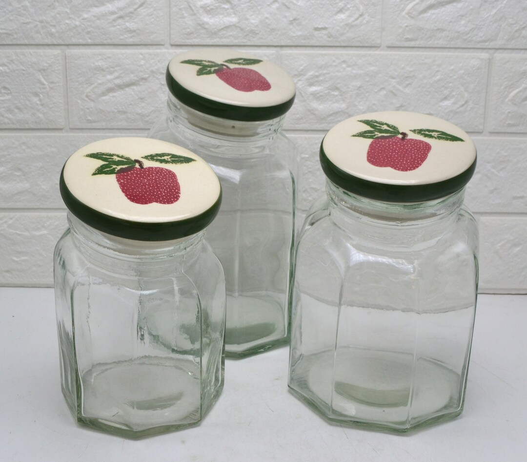 Set of 3 Glass Canisters With Stoneware Apple Lid, Green Trim ...