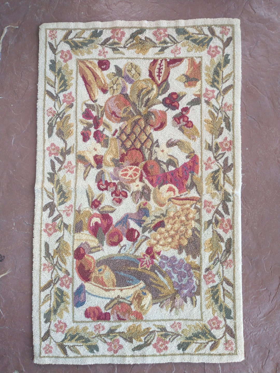Vintage Hooked Wool Rug With Floral & Fruit Theme 49 X 29 Inch - Etsy