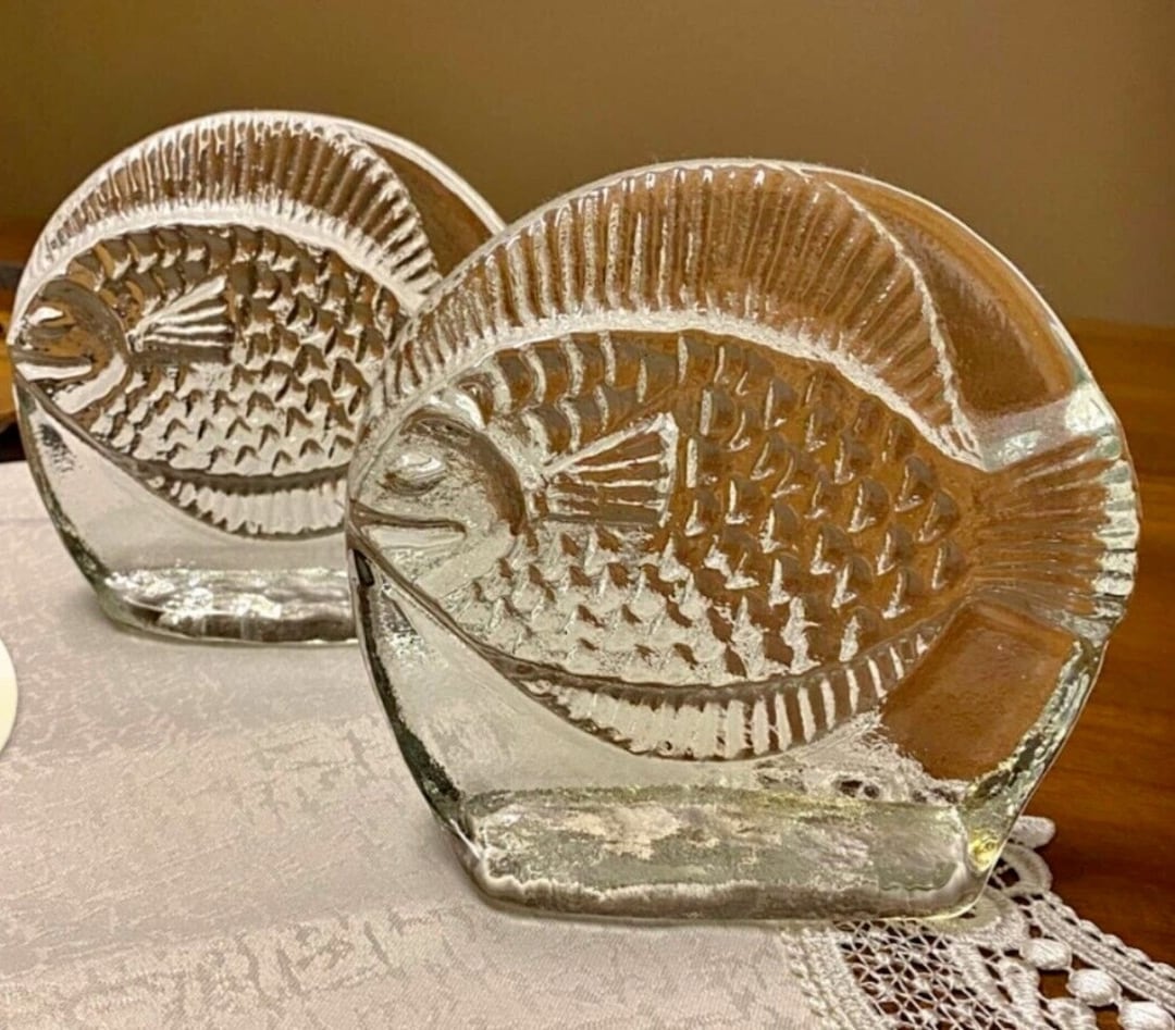 Pilgrim Glass Pair of Bookends, Solid Glass Fish, Clear Heavy Blown ...