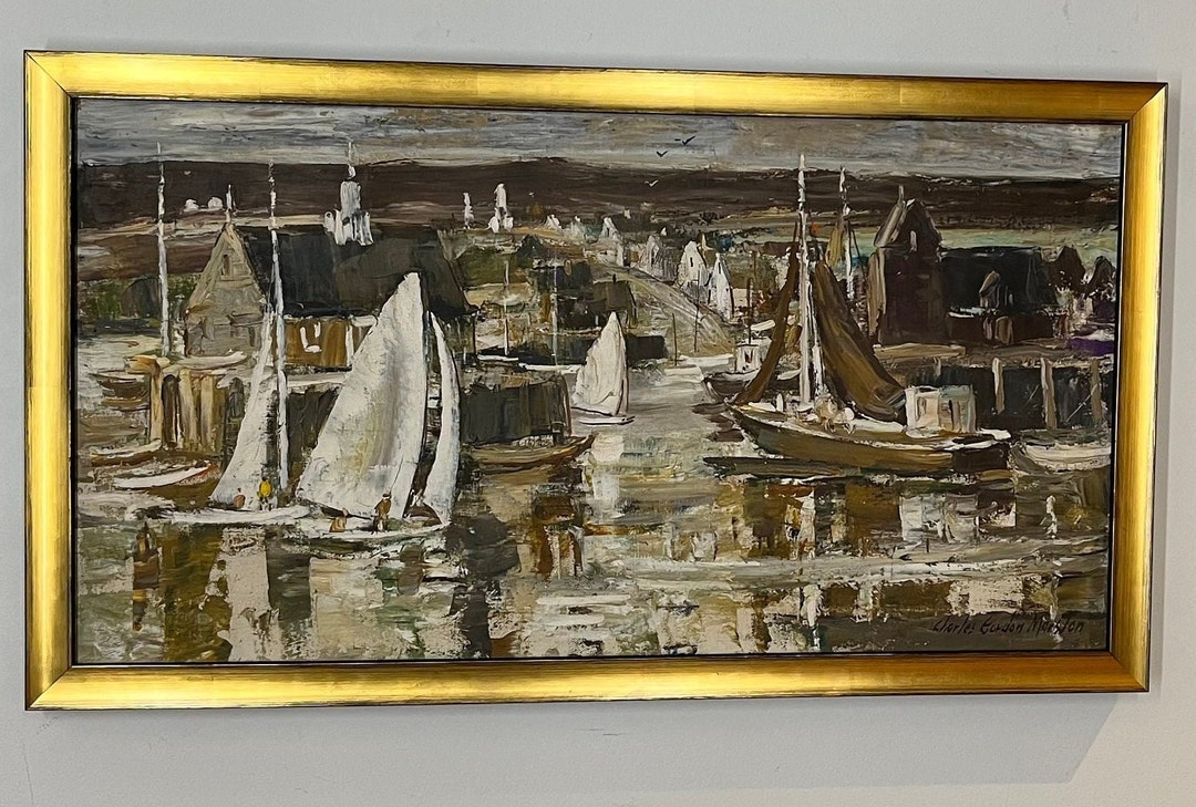 1950s Charles Gordon Marston Oil Painting on Canvas of Rockport Harbor ...