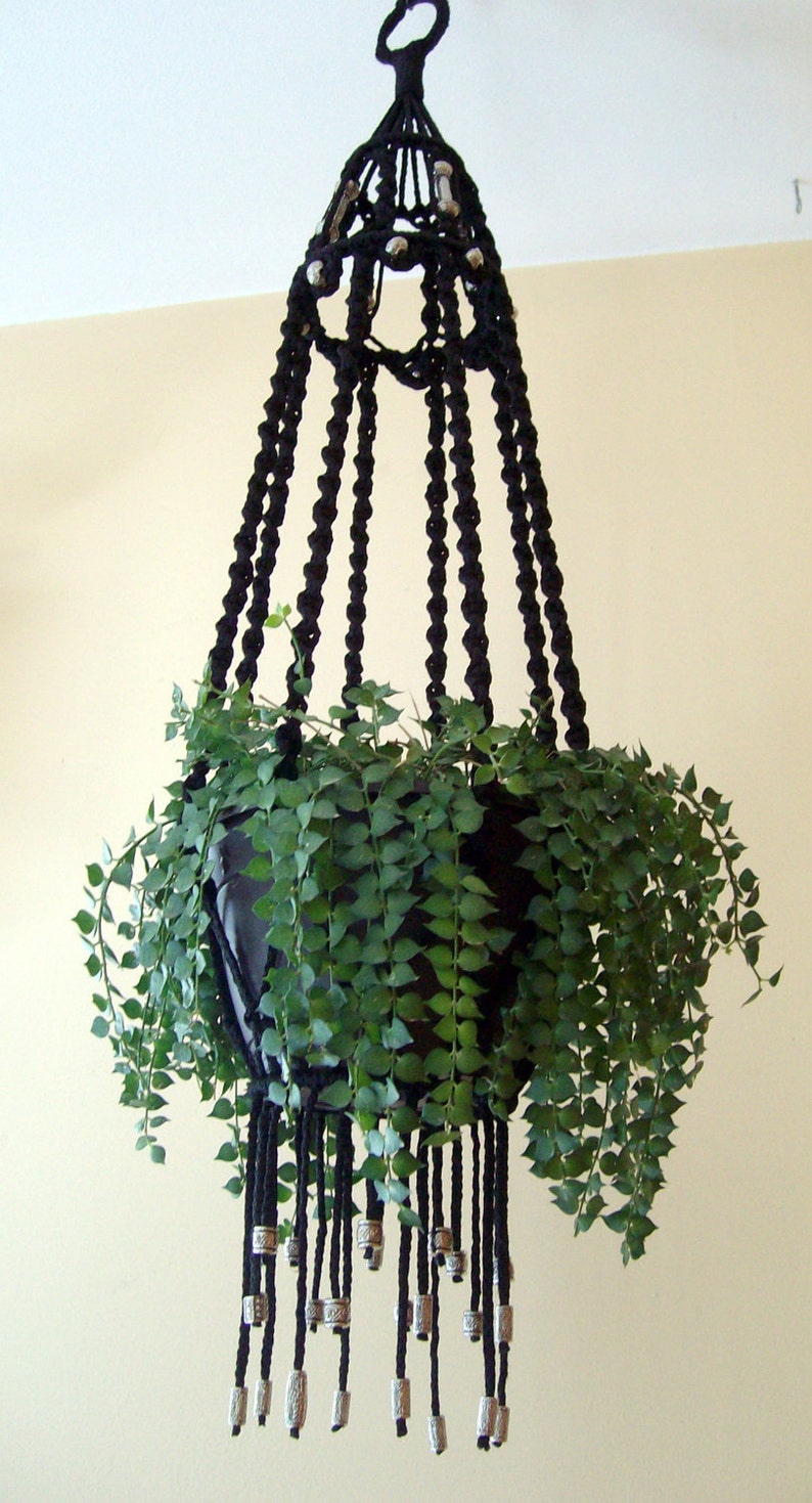 Black Macrame Plant Hanger With Metal Beads Eight Spiral Legs | Etsy