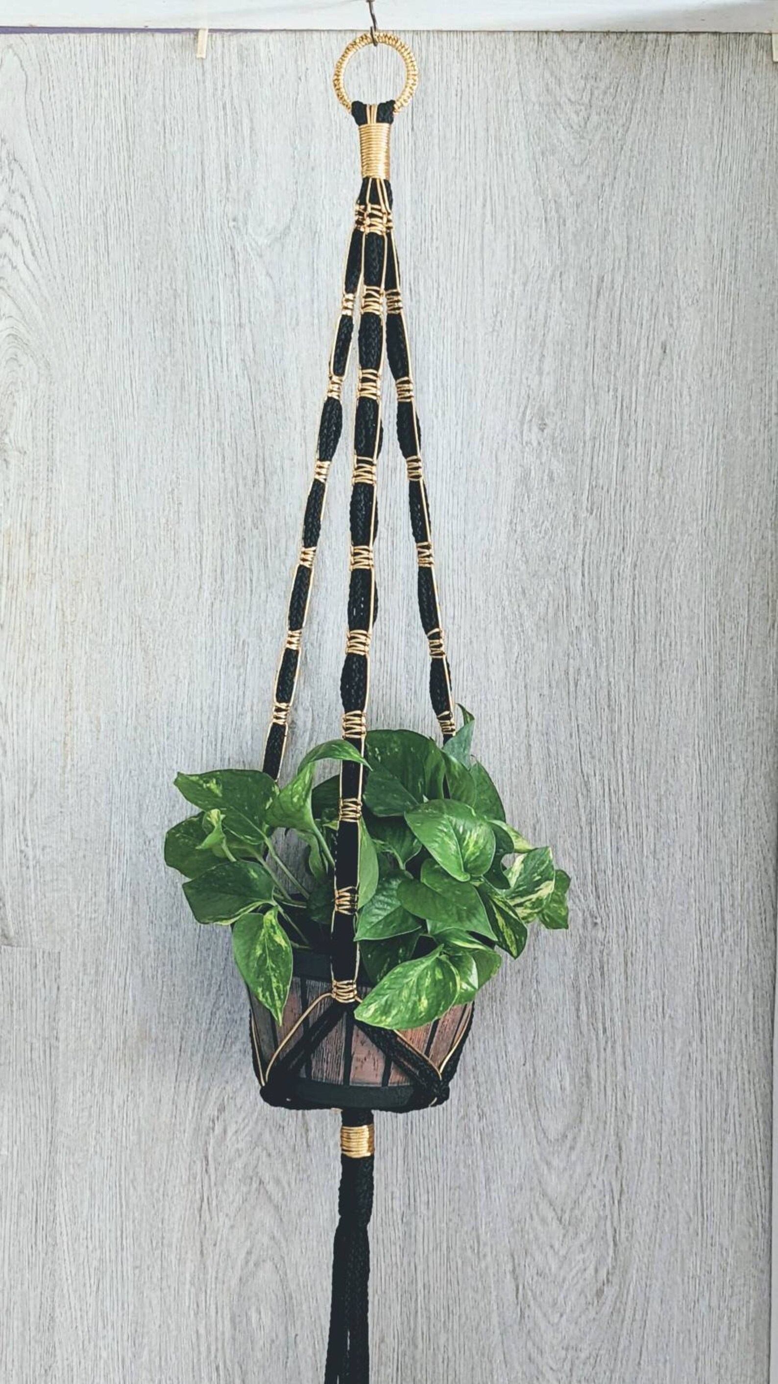 Handcrafted Unique Gold and Black Macrame Plant Hanger With - Etsy