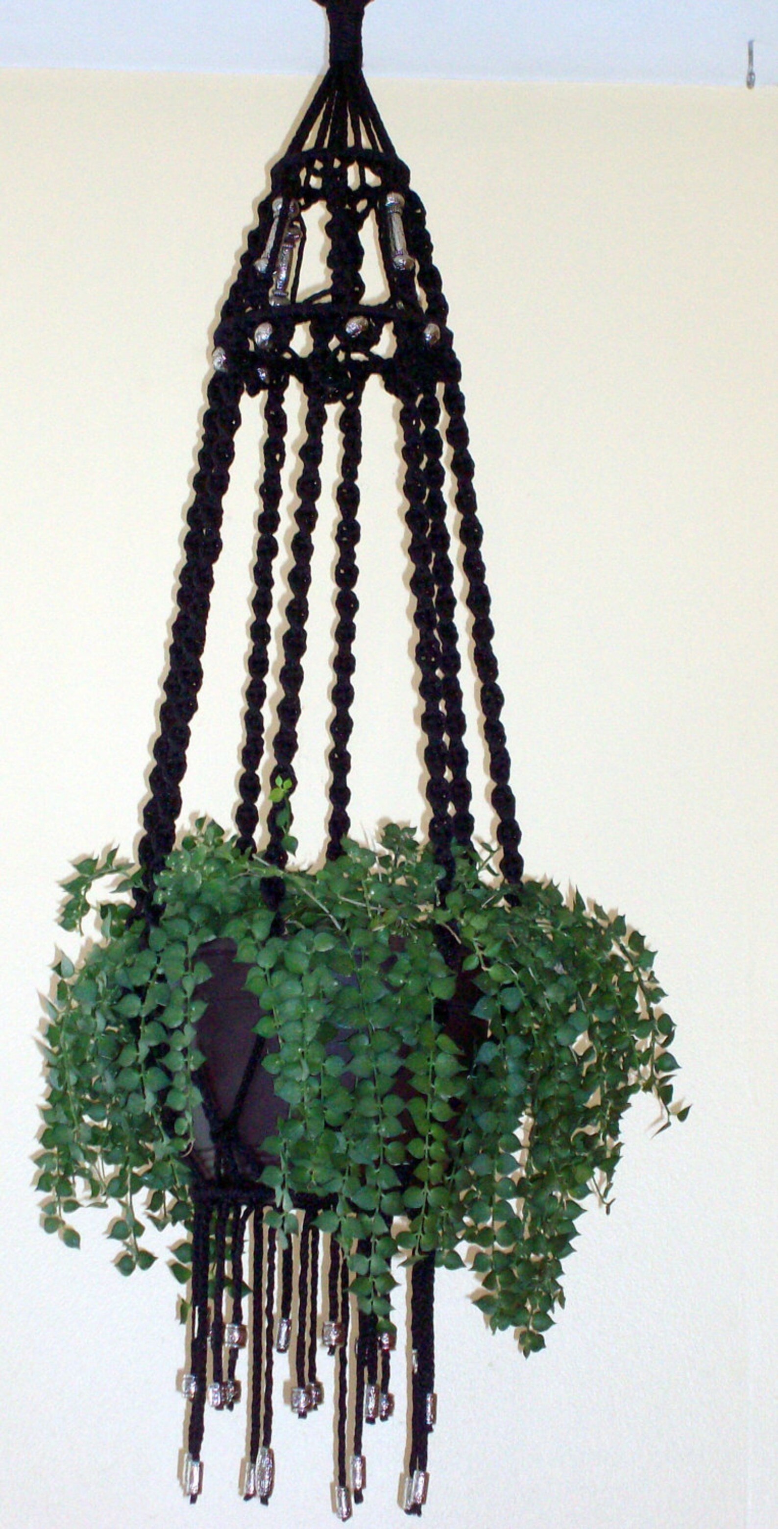 Black Macrame Plant Hanger With Metal Beads Eight Spiral Legs | Etsy