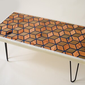 3-D Diamond Pattern Coffee Table With Sinker Cypress, Blue Resin and ...