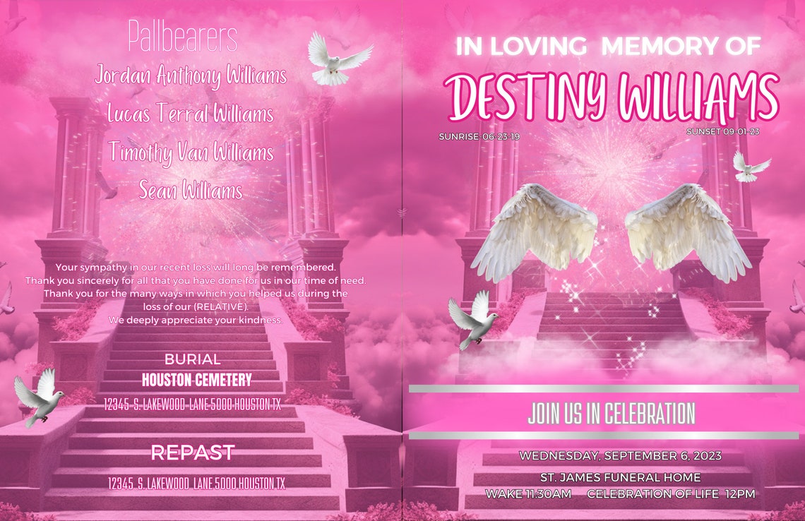 EDITABLE Elegant Pink OBITUARY Template (6 PAGES ) Pink Style Funeral ...