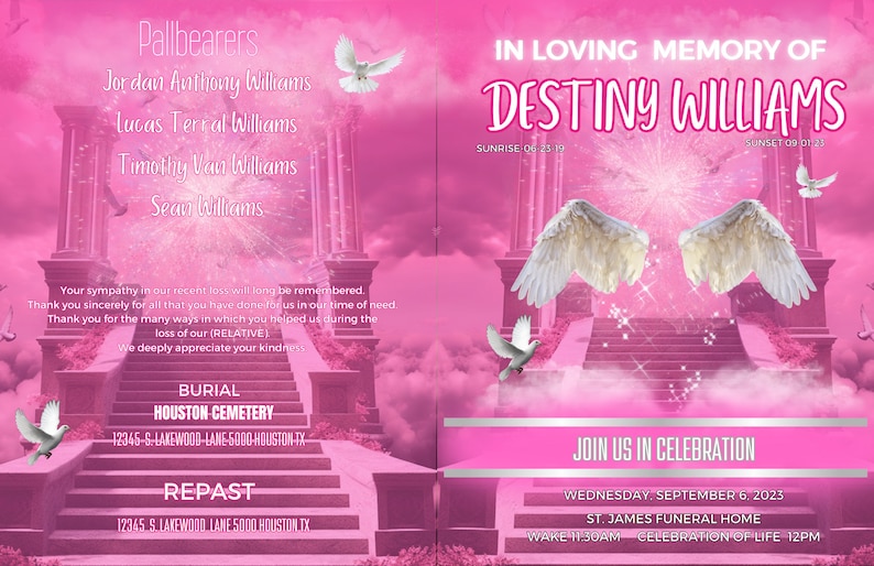 EDITABLE Elegant Pink OBITUARY Template (6 PAGES ) Pink Style Funeral ...
