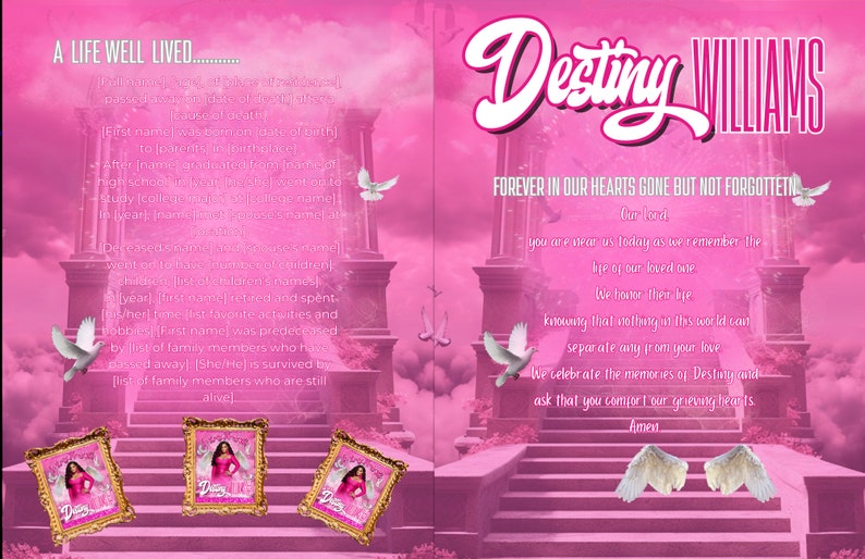 EDITABLE Elegant Pink OBITUARY Template (6 PAGES ) Pink Style Funeral ...