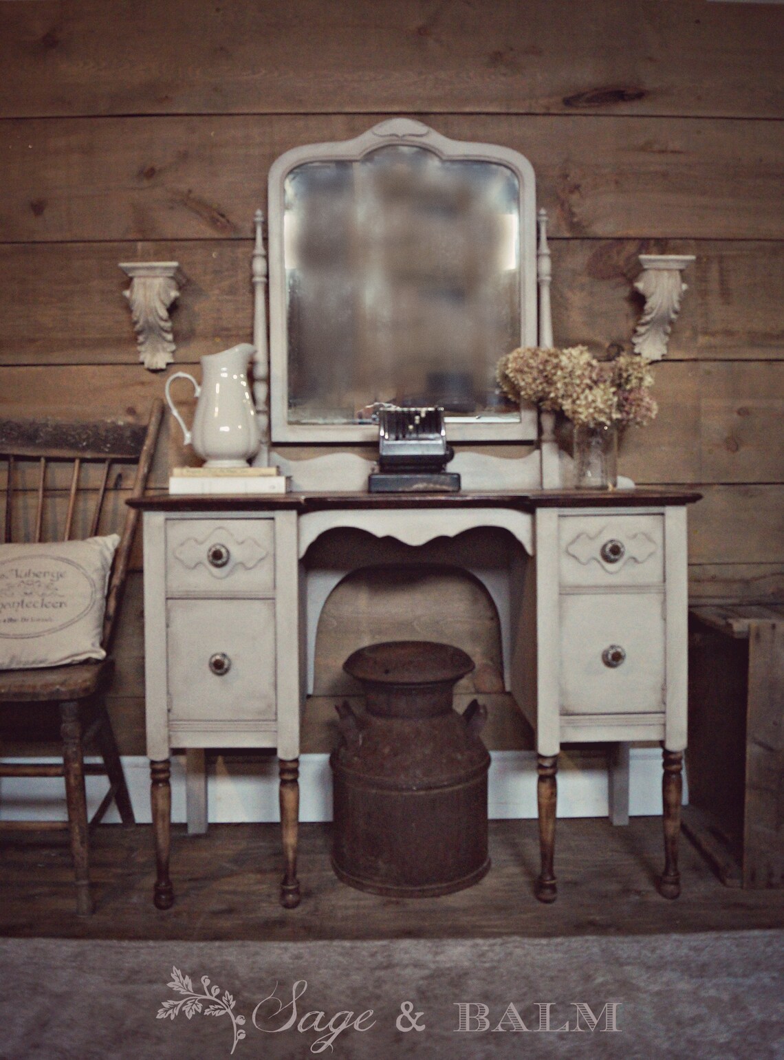 SOLD | Vintage Antique Grey Vanity Desk With Mirror | Chalk Painted ...