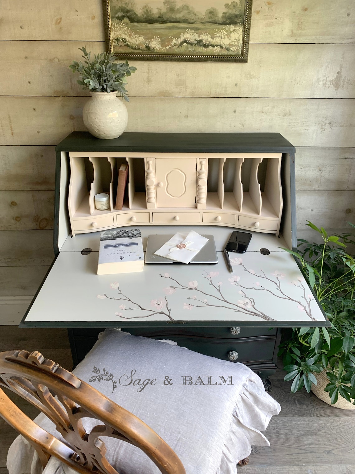 SOLD | Green Handpainted Antique Secretary Desk W/drawers | Dark Green ...