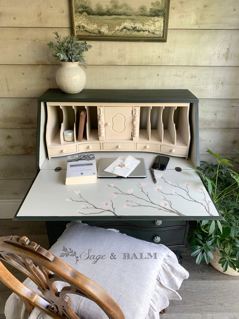 SOLD | Green Handpainted Antique Secretary Desk W/drawers | Dark Green ...