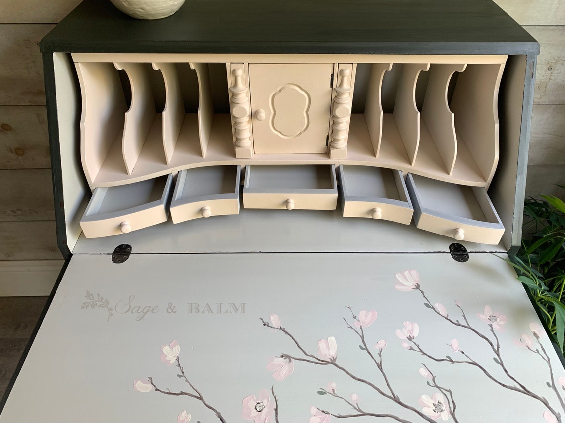 SOLD Green Handpainted Antique Secretary Desk W/drawers Dark Green and ...