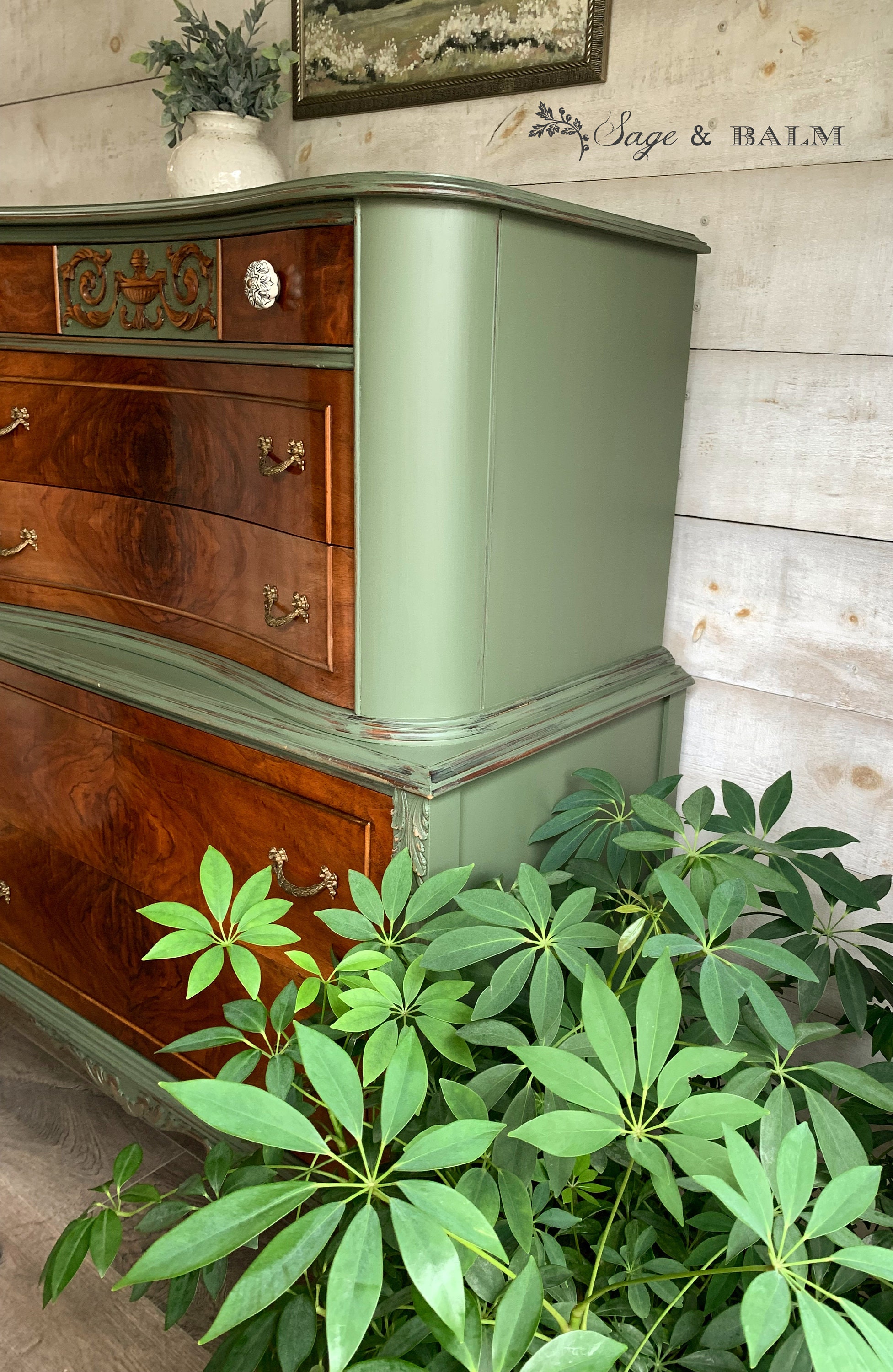 SOLD | Green & Mahogany Antique Wood Tallboy Dresser | Painted ...