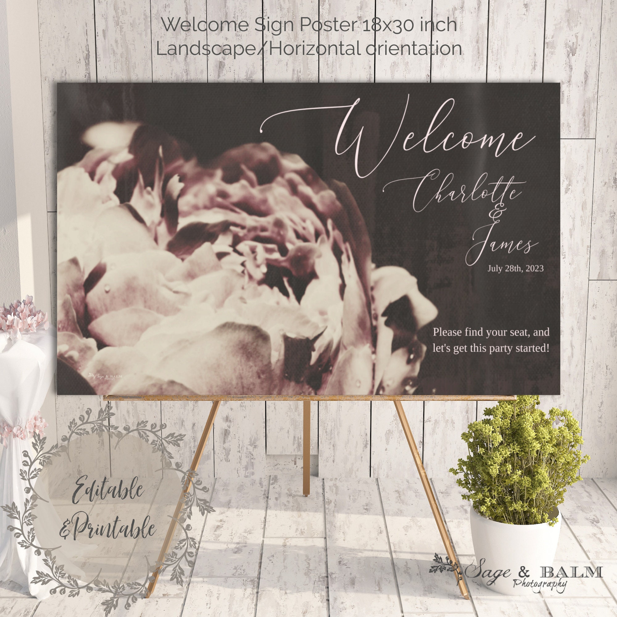 Faded Peony Pink and Black Printable Wedding Welcome Sign Poster ...